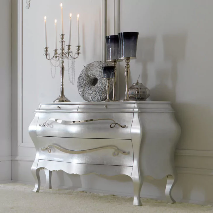 Luxury Designer Italian Bombe Silver Chest Of Drawers