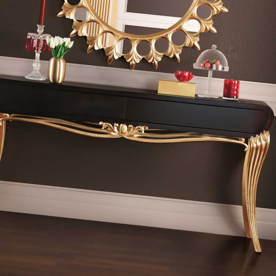 Modern Black Lacquered Gold Leaf Console Table - Juliettes Interiors