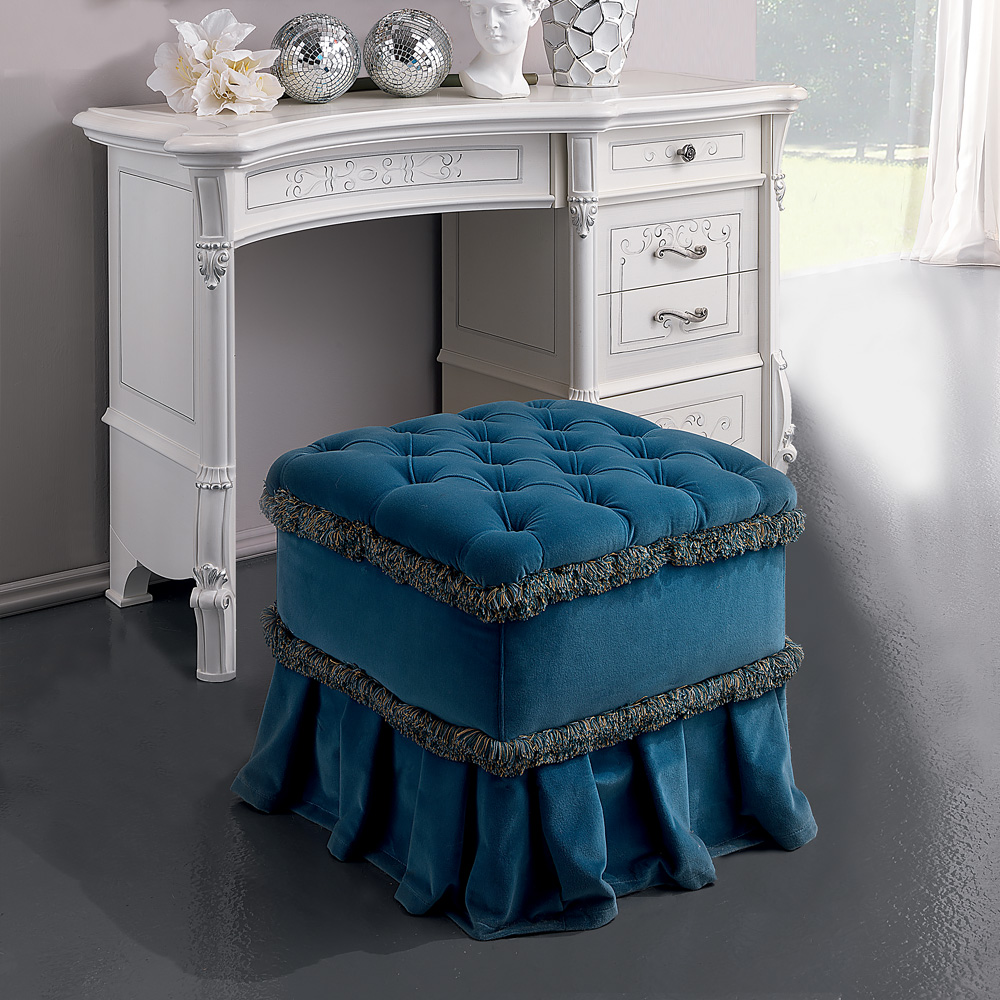 Old Fashioned Blue Velvet Fringed Pouffe - Juliettes Interiors