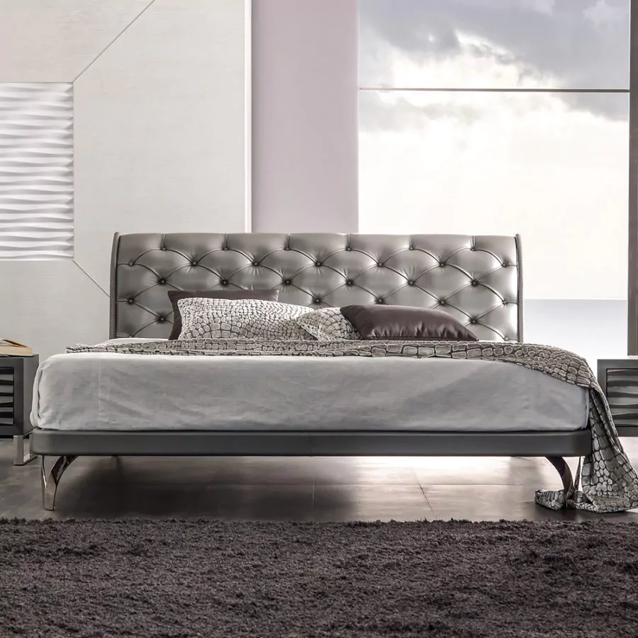 Platinum Leather Button Upholstered Luxury Bed - Juliettes Interiors