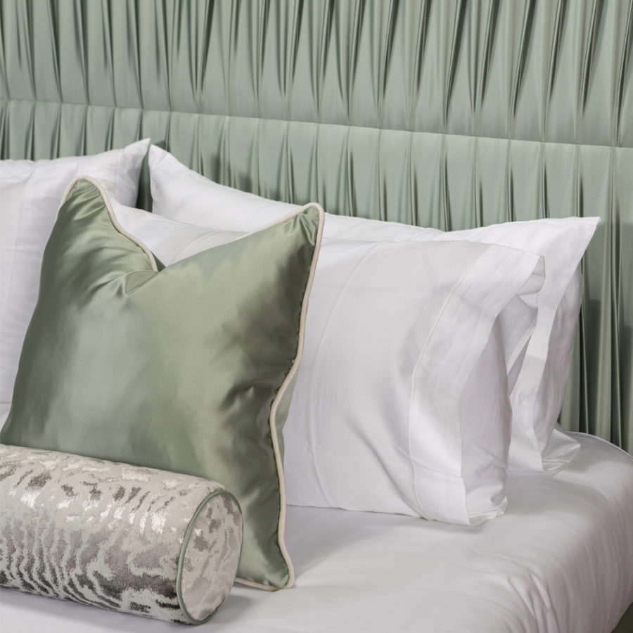 Luxury Bed With Tall Satin Pleated Headboard - Juliettes Interiors