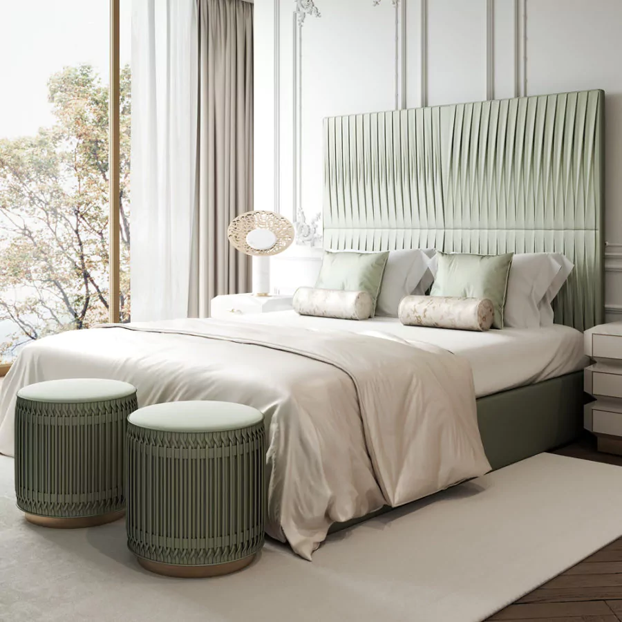 Luxury Bed With Tall Satin Pleated Headboard - Juliettes Interiors