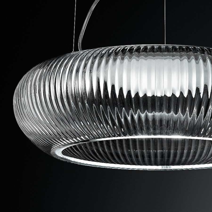 Contemporary Ribbed Glass Pendant Light With Silver Frame