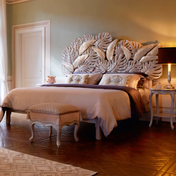 Luxury Bed With Tropical Palm Leaf Headboard - Juliettes Interiors