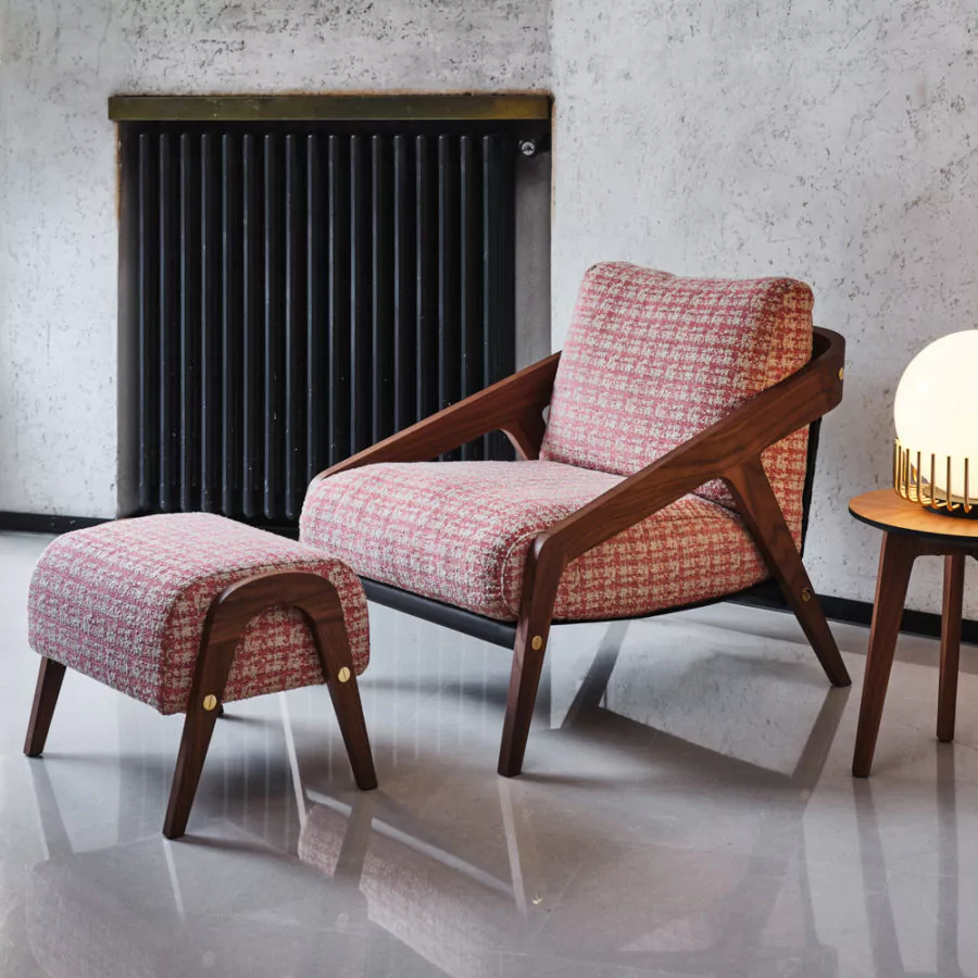 Contemporary Walnut Arm Chair and Footstool - Juliettes Interiors