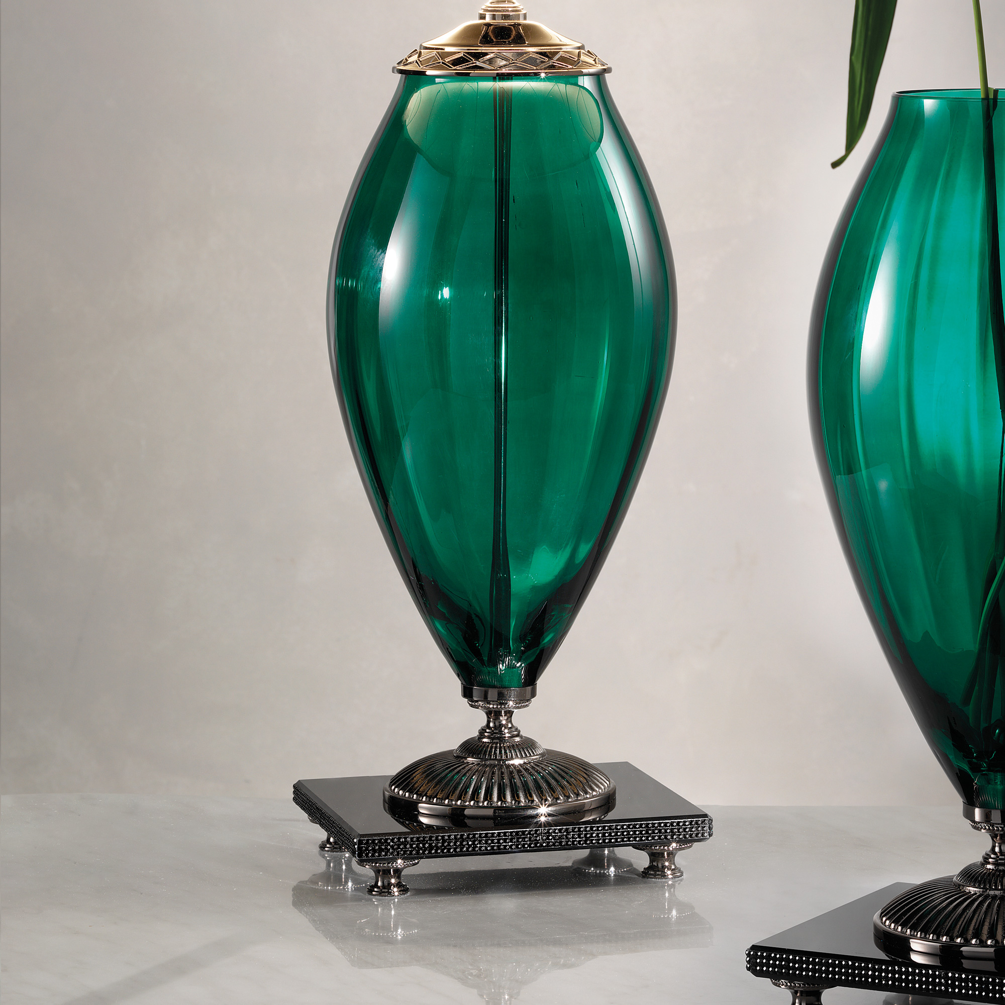 Green Glass Table Lamp And Vase With Rhinestones - Juliettes Interiors