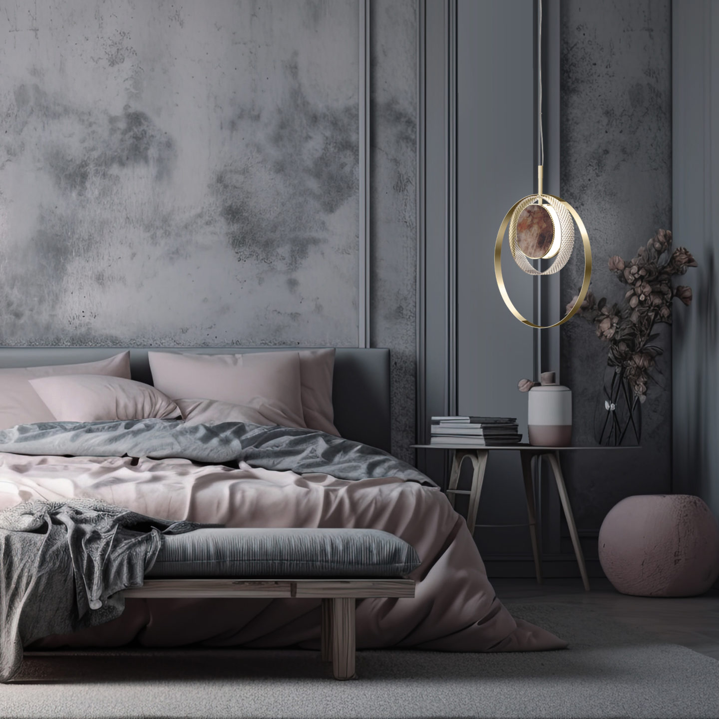 Contemporary Round Pendant Light With Marble Effect
