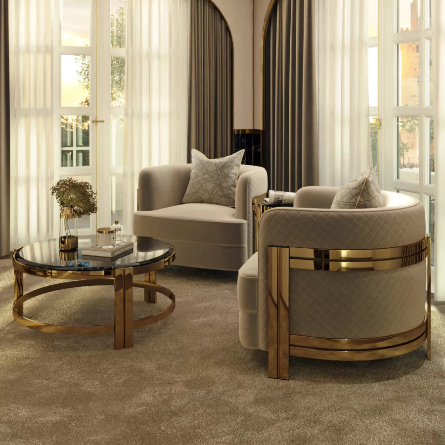 Modern Curved Armchair With Brass Frame - Juliettes Interiors
