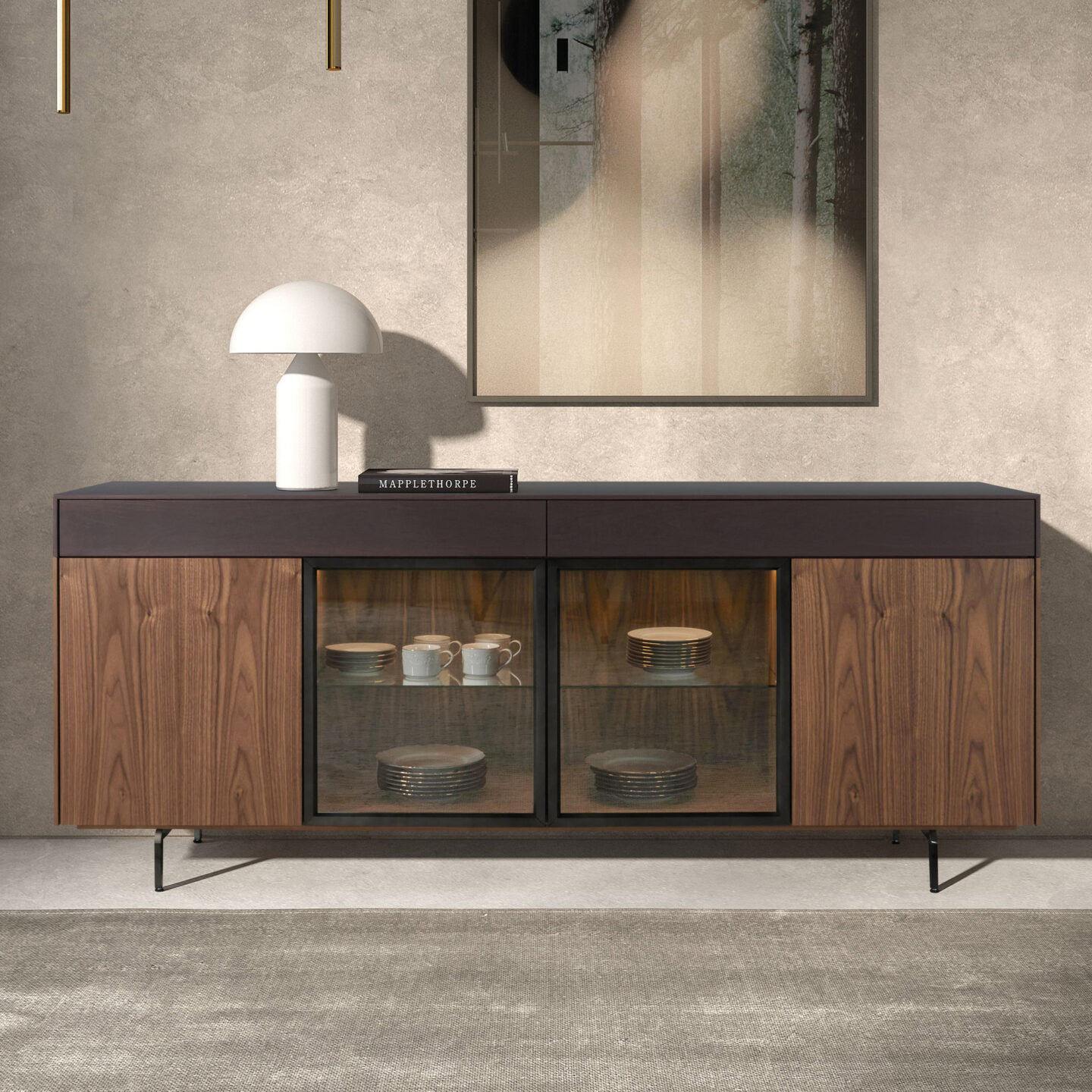 Modern 4 Door Walnut Veneer Sideboard - Juliettes Interiors