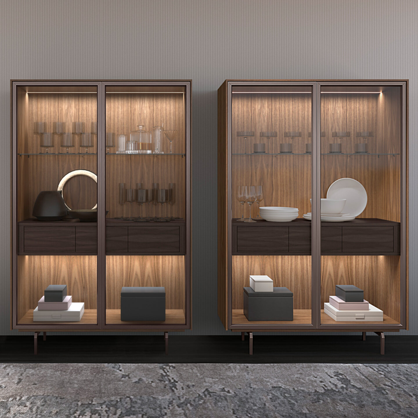 Modern Two-Tone Walnut Veneer Display Cabinet - Juliettes Interiors